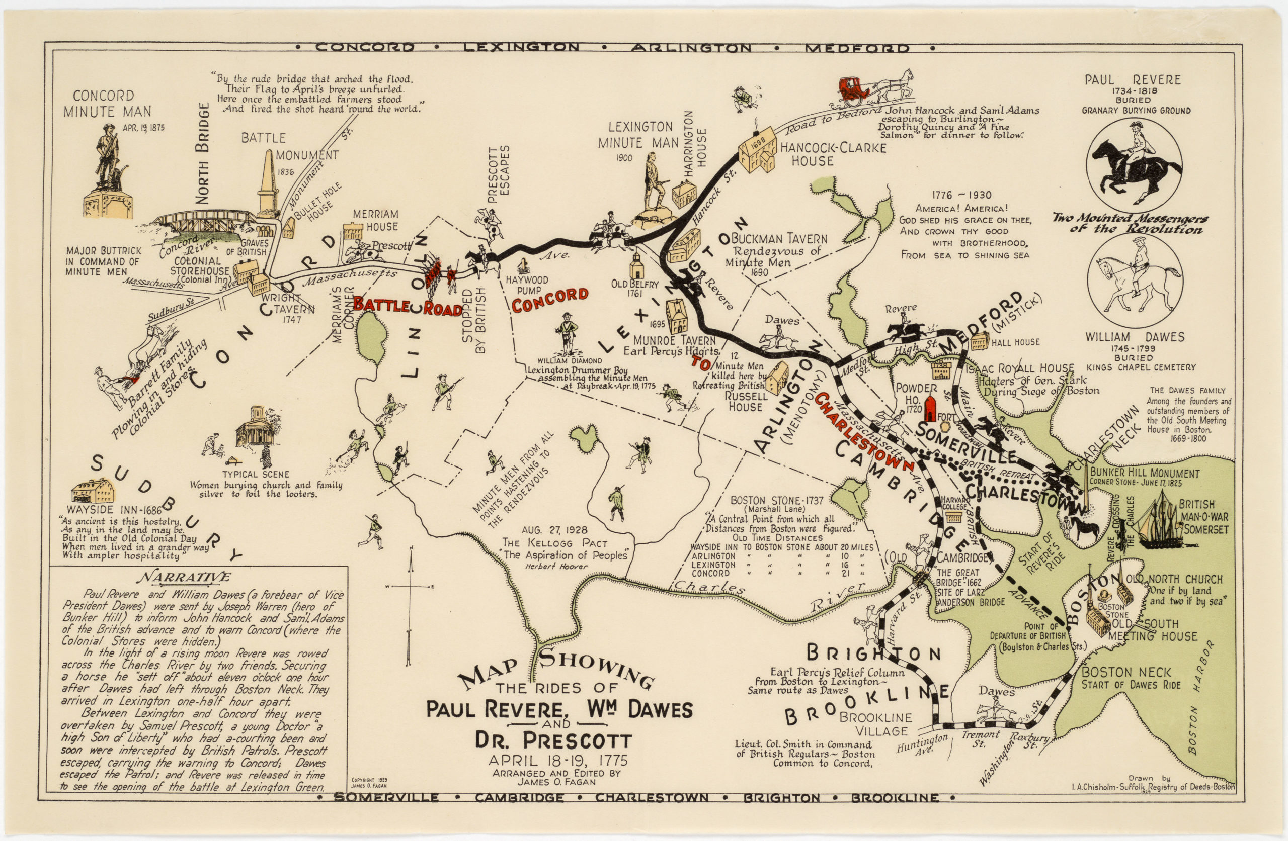 Map Showing The Rides of Paul Revere, Wm. Dawes and Dr. Prescott April ...