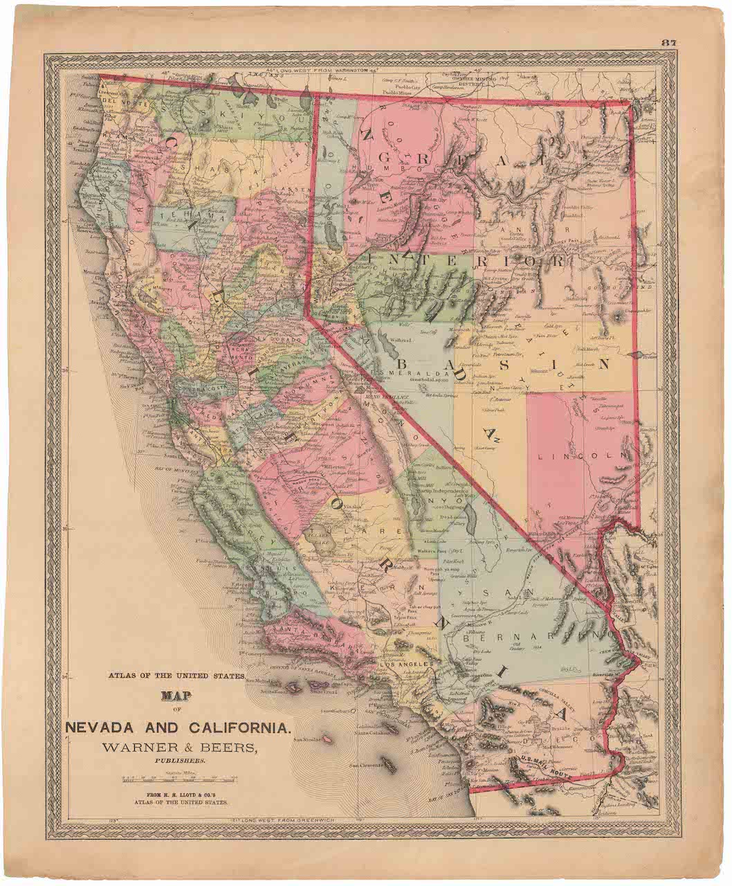 Map of California and Nevada (Atlas of the United States) - Neatline