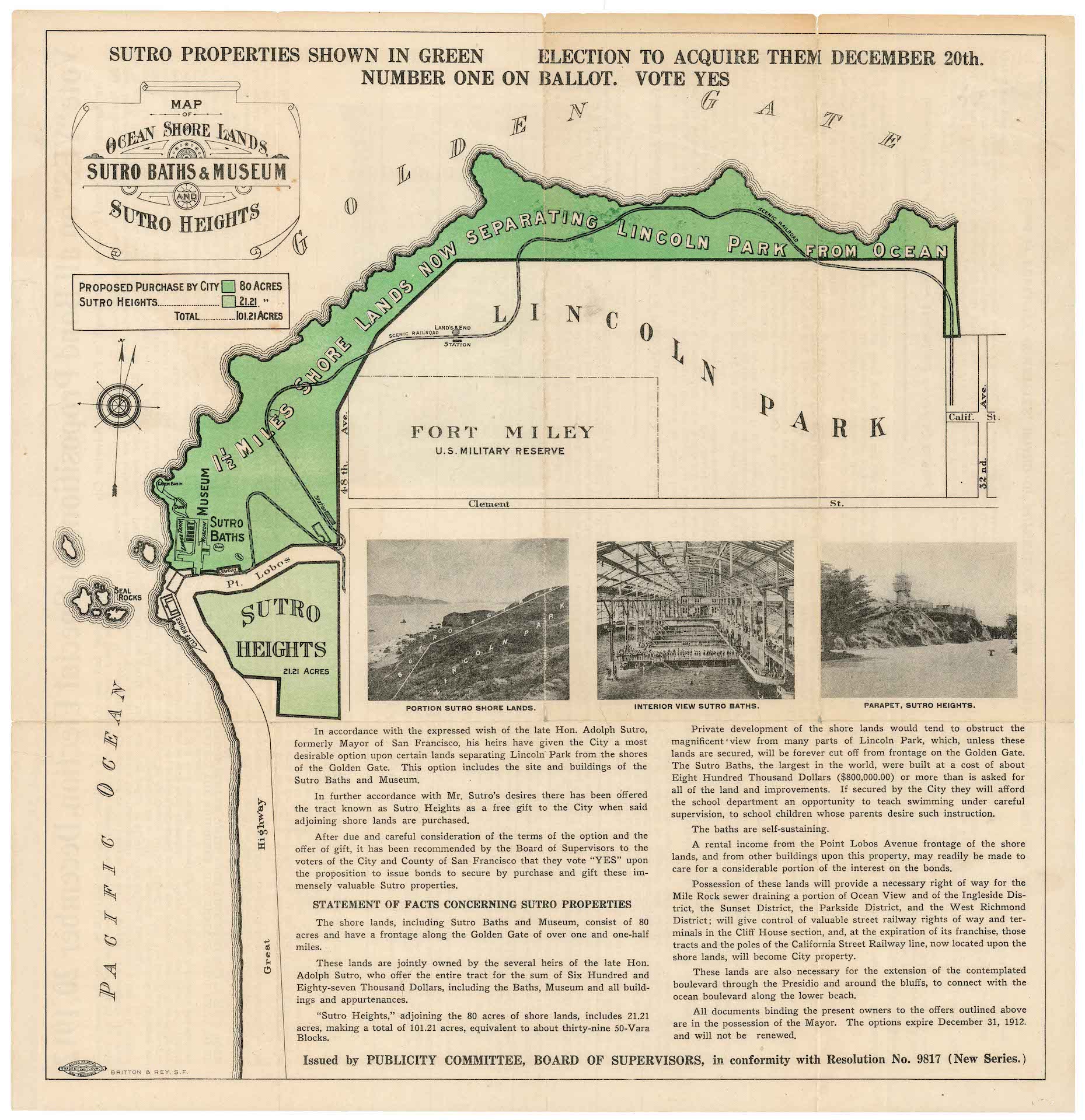 Map of the Ocean Shore Lands. Sutro Baths & Museum Sutro Heights ...